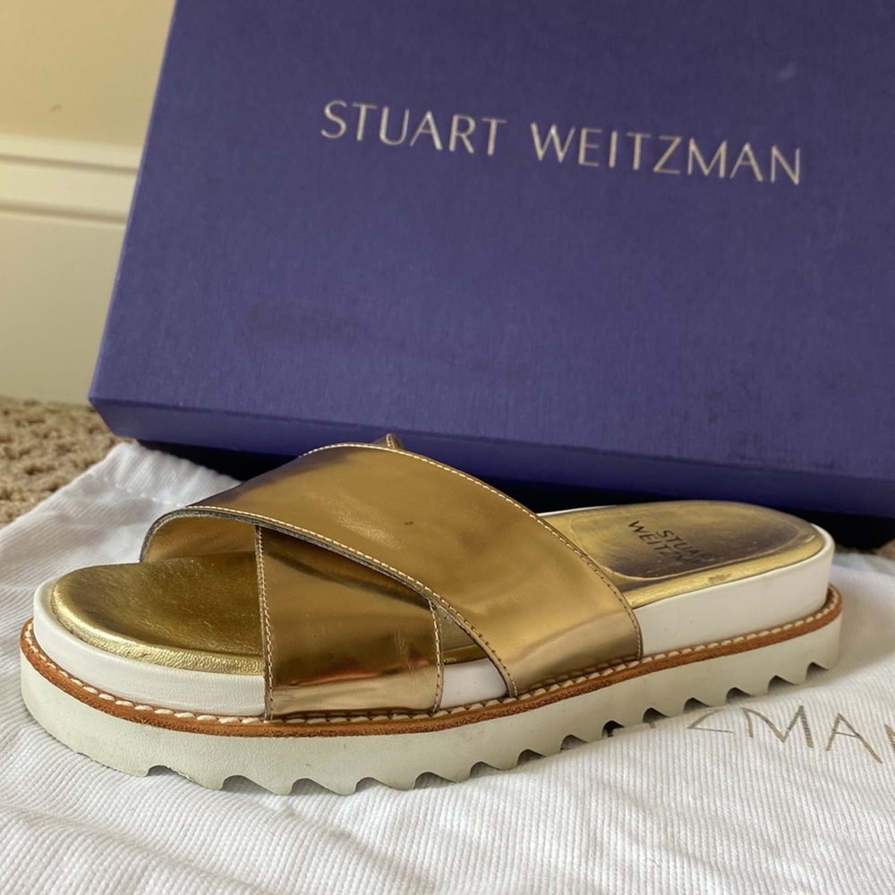 Stuart Weitzman Golden Leather Comfort Lift Slides - Gem